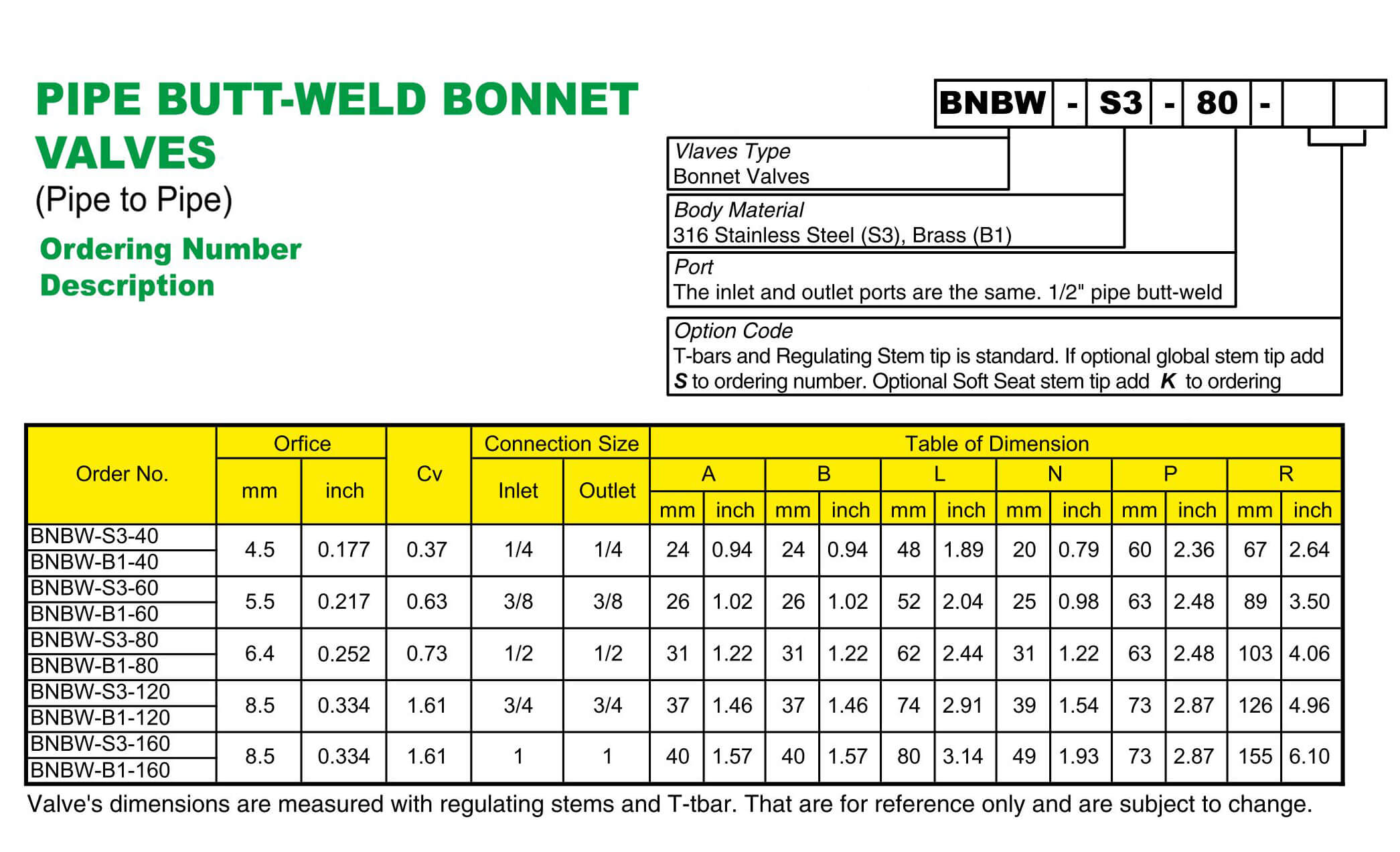 PIPE BUTT-WELD BONNET VALVES